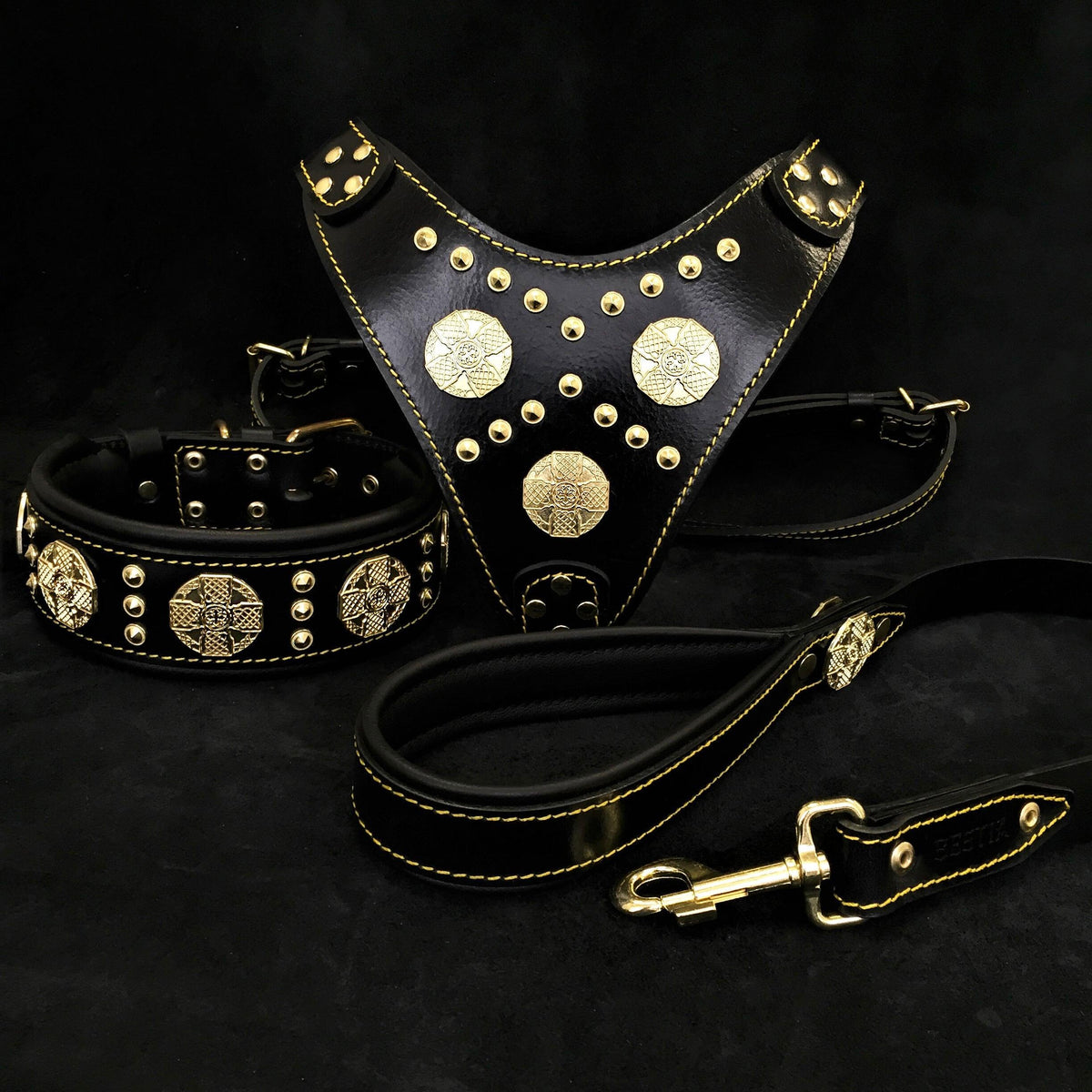 "Maximus Black" BIG dog SET- Harness - collar - lead. Brass rivets ...