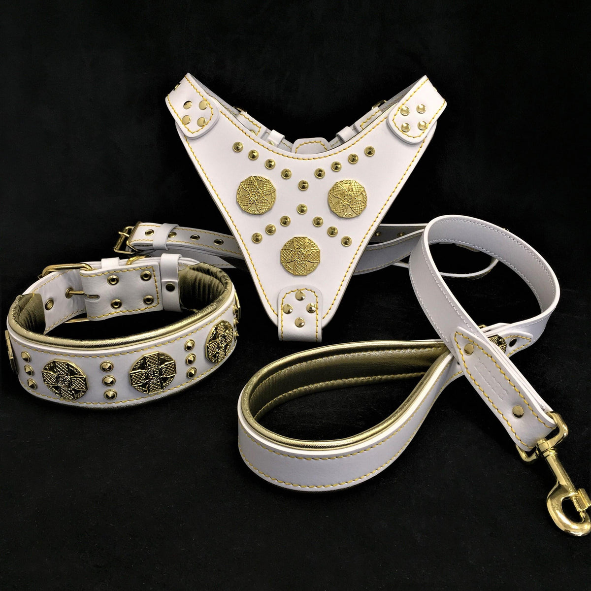 "Maximus White" BIG dog SET- Harness - collar - lead. Brass rivets ...